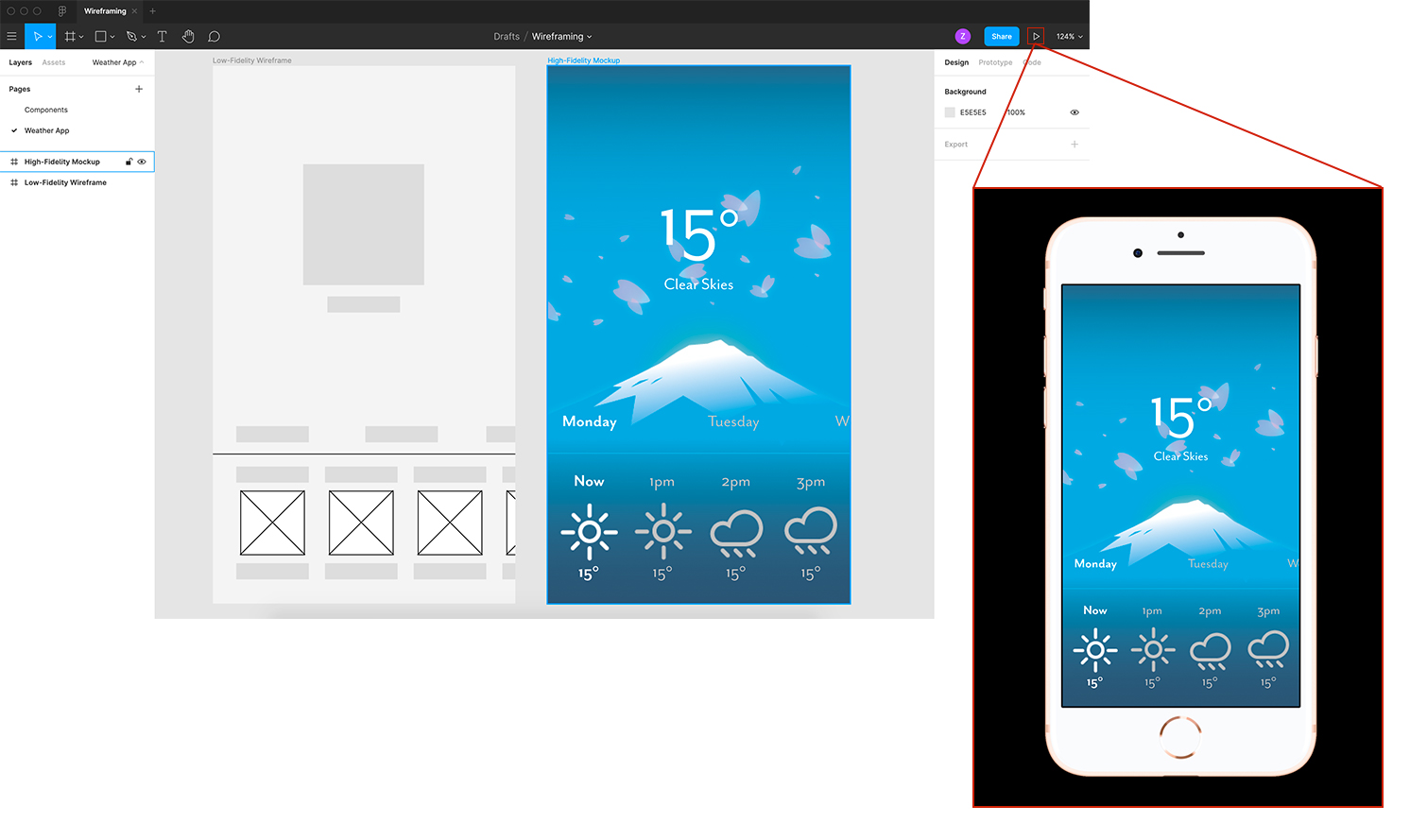 Example of prototypes next to low-fidelity wireframes in Figma